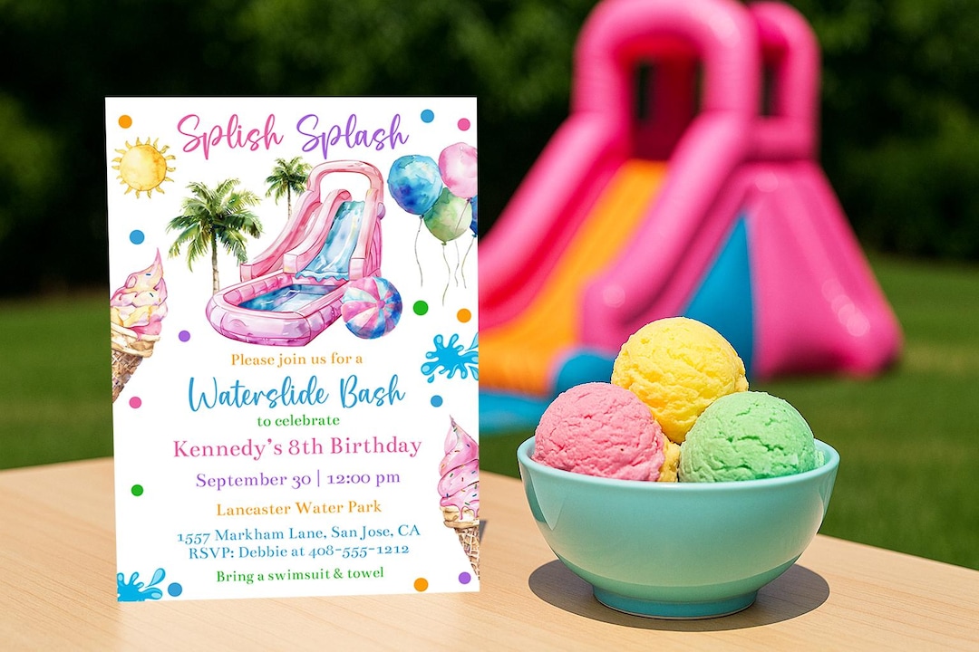 Editable Waterslide Ice Cream Pool Party Invitation Template ...