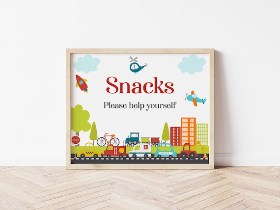 Snacks Sign, Transportation Birthday Party, Food Sign, Baby Shower Sign ...