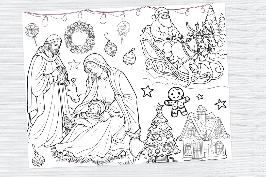Printable Nativity Santa Claus Reindeer Christmas Tree Coloring Page ...