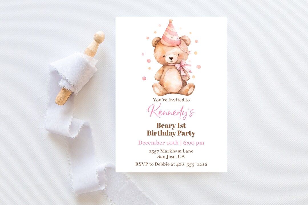 Editable Girls Teddy Bear First Birthday Party Invitation Template ...