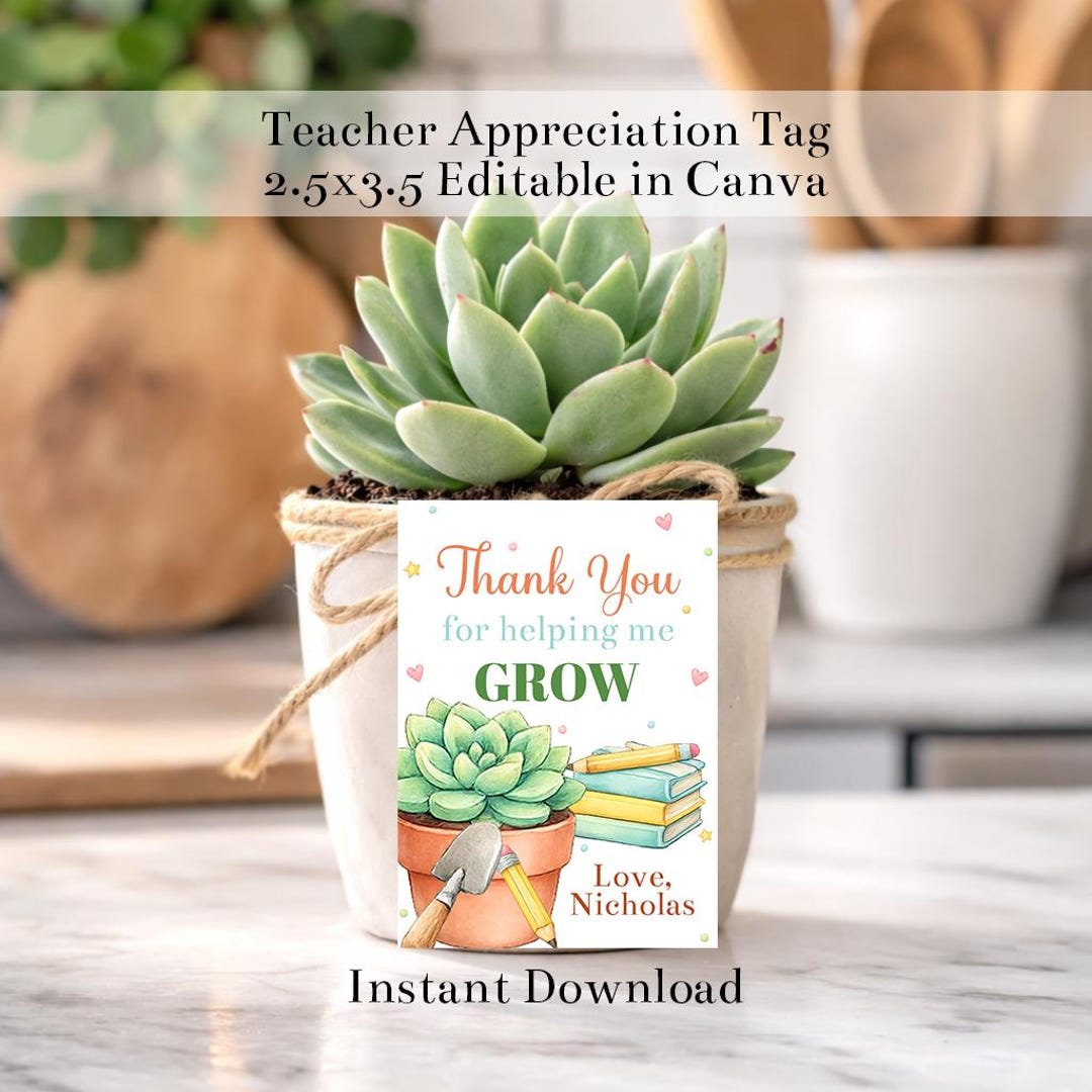 Teacher Appreciation Succulent Gift Tag, Plant Thank You Tag (2.5x3.5 ...