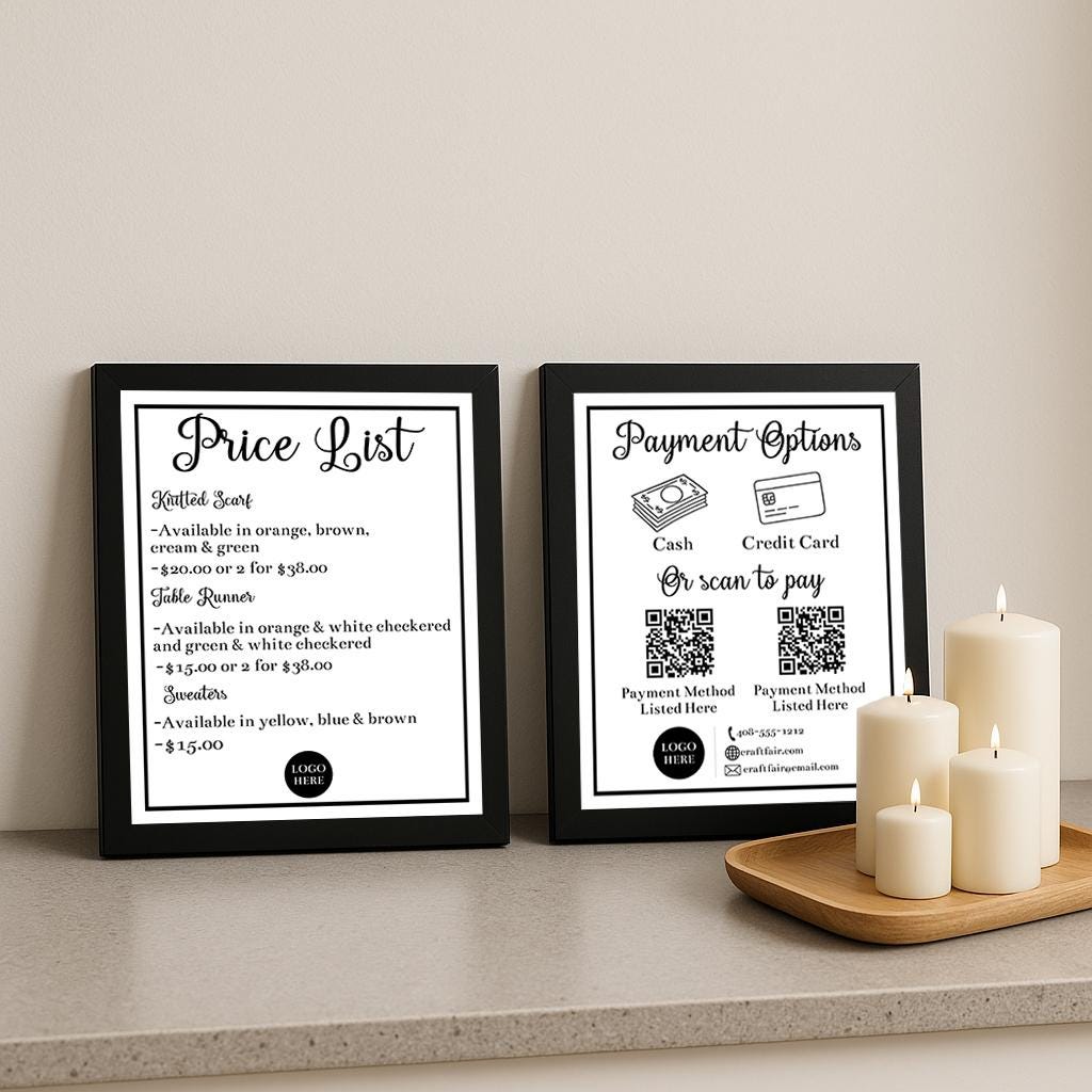 Price List Sign Template, Editable Craft Fair Payment Sign, Printable ...