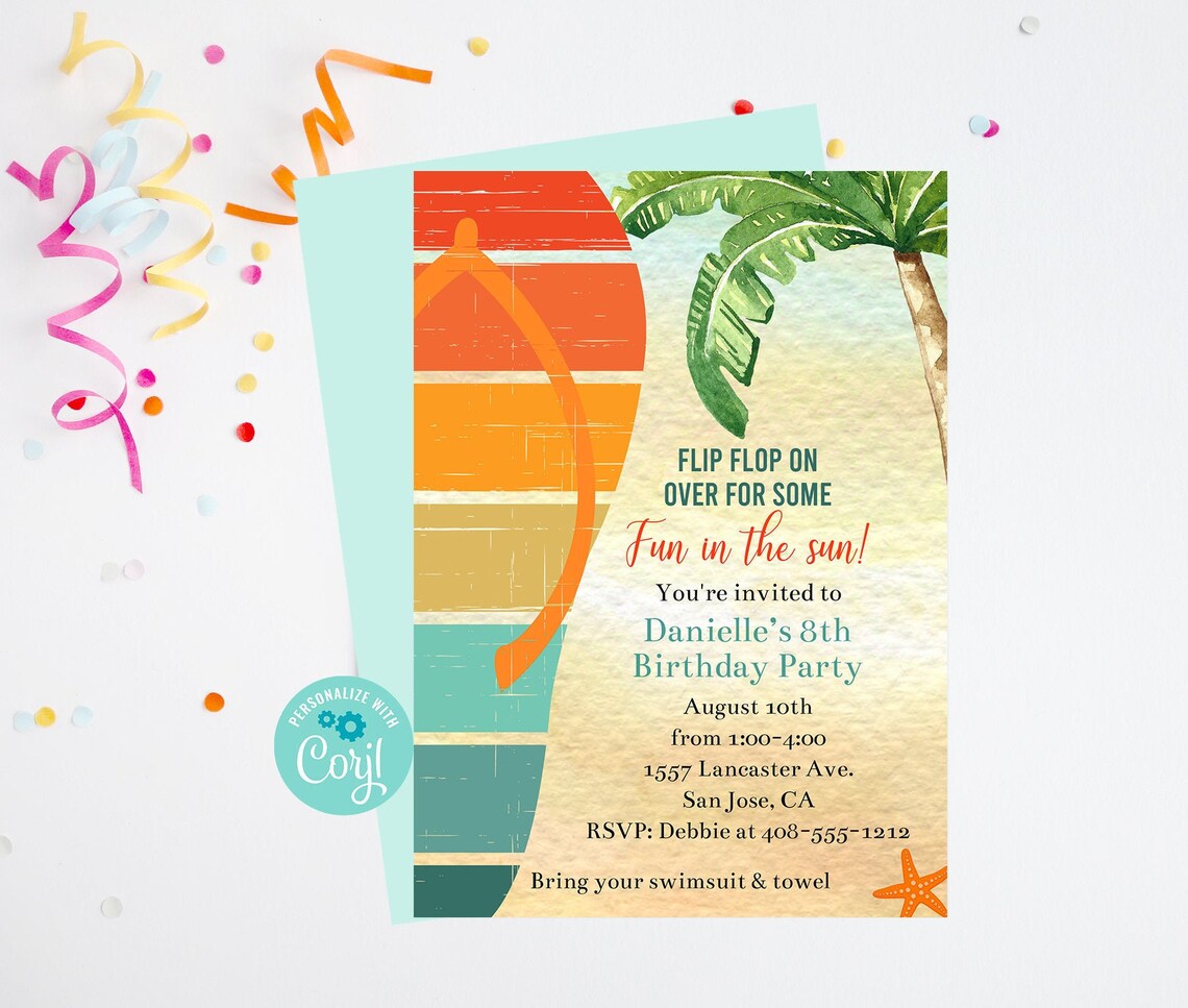 Editable Summer Birthday Invitation Flip Flop Invitation - Etsy