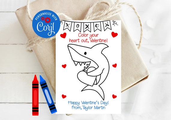 Editable Shark Valentine Coloring Card, Valentine Card For Kids ...