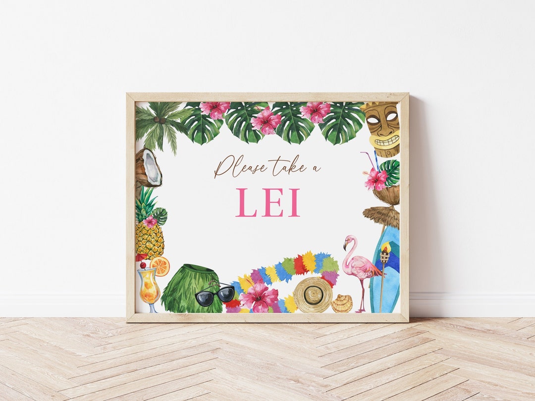 Hawaiian Luau Lei Sign, Printable Luau Lei Favor Table Sign, Summer ...