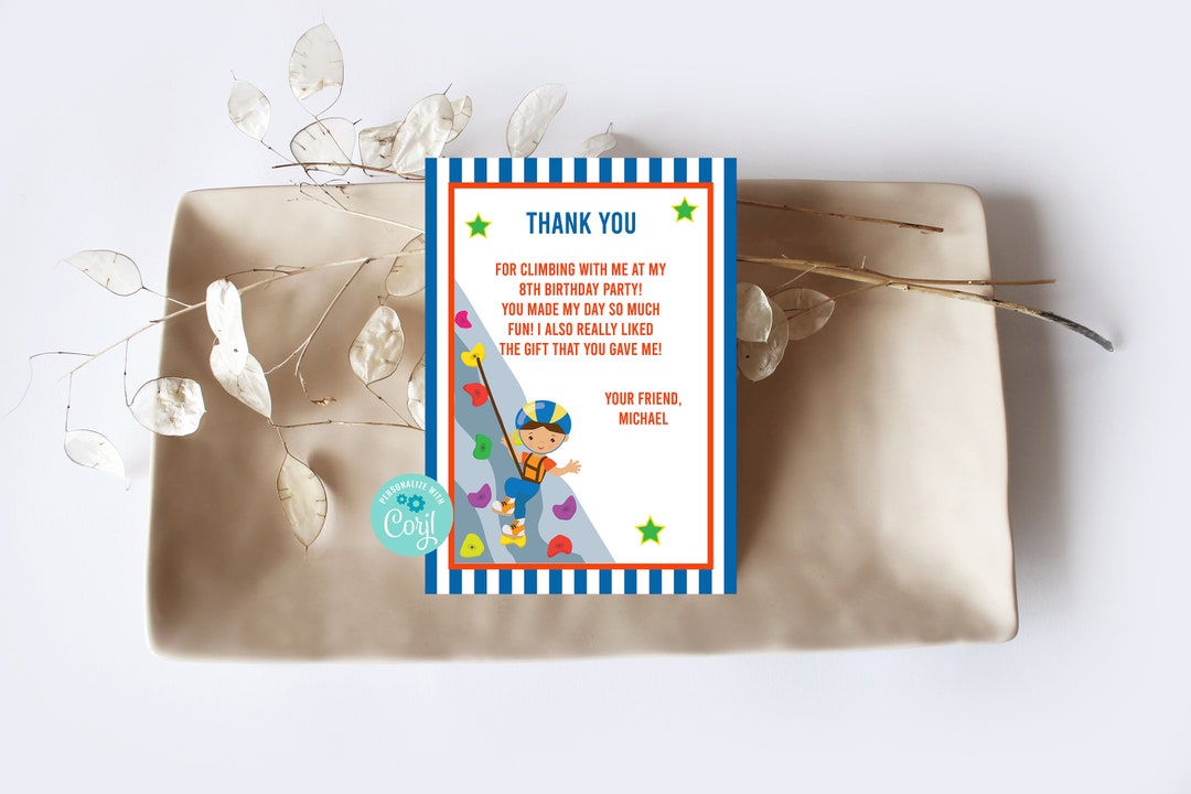 Editable Rock Climbing Thank You Card, Rock Climbing Party, Rock ...