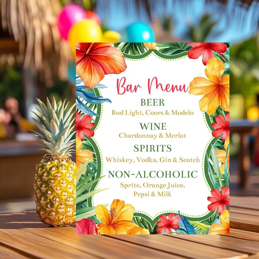 Editable Luau Bar Menu Sign, Printable Palm Leaf and Hibiscus Floral ...