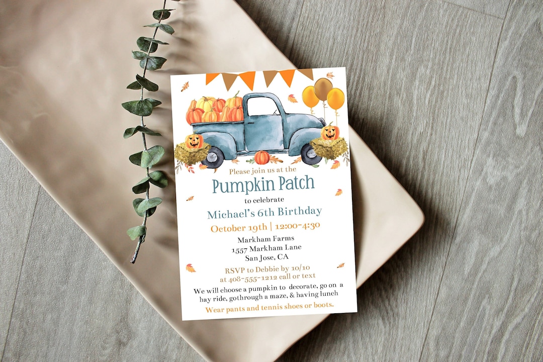 Pumpkin Patch Birthday Invitation Template, Editable Boys Blue Truck ...