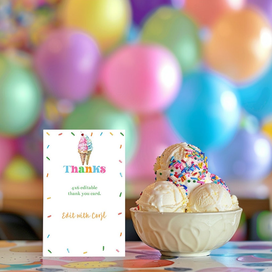 Editable Ice Cream Birthday Party 4x6 Thank You Card Template ...
