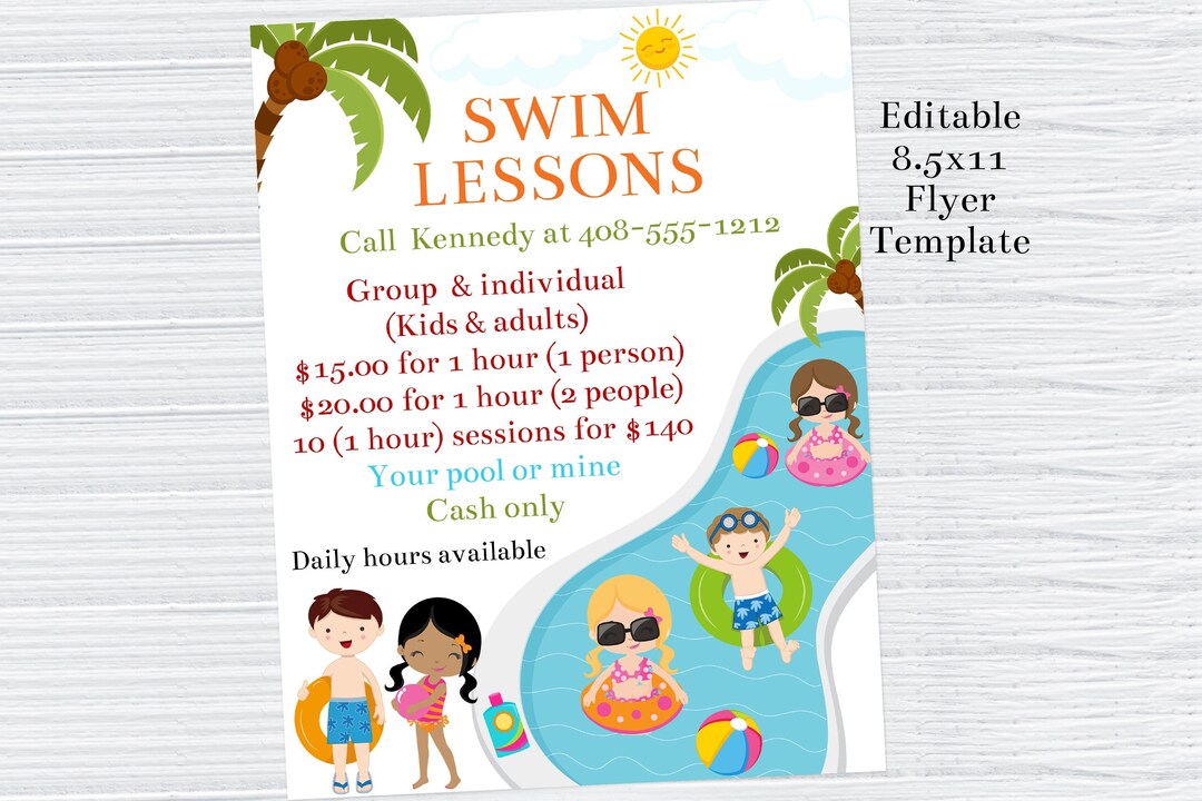 Editable Swim Lessons Flyer Template, Printable Swimming Party Flyer ...