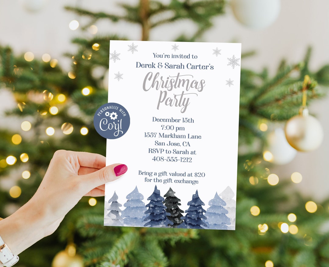Editable Blue and Silver Christmas Party Invitation Template, Blue ...