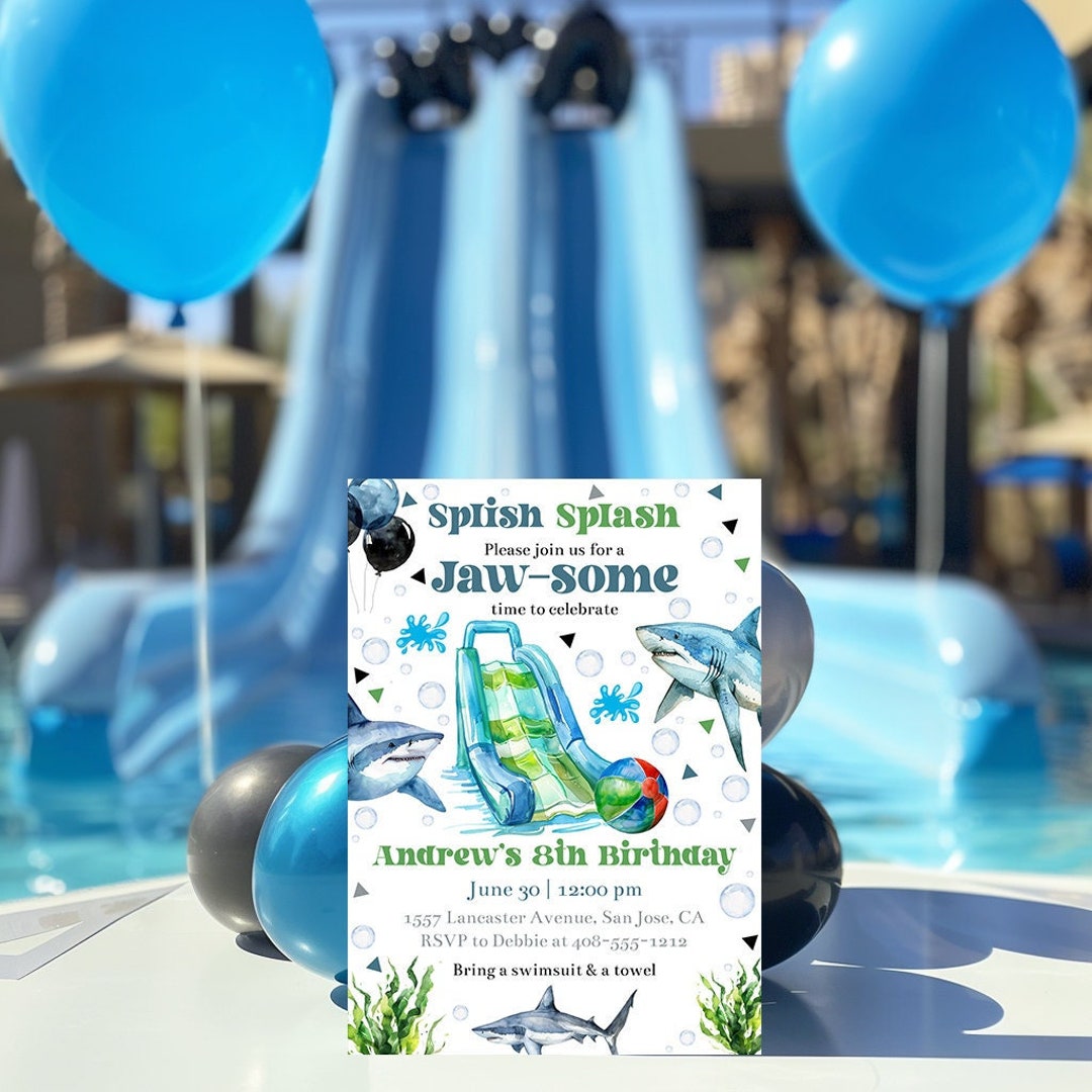 Editable Shark Jawsome Waterslide Birthday Party Invitation Template ...