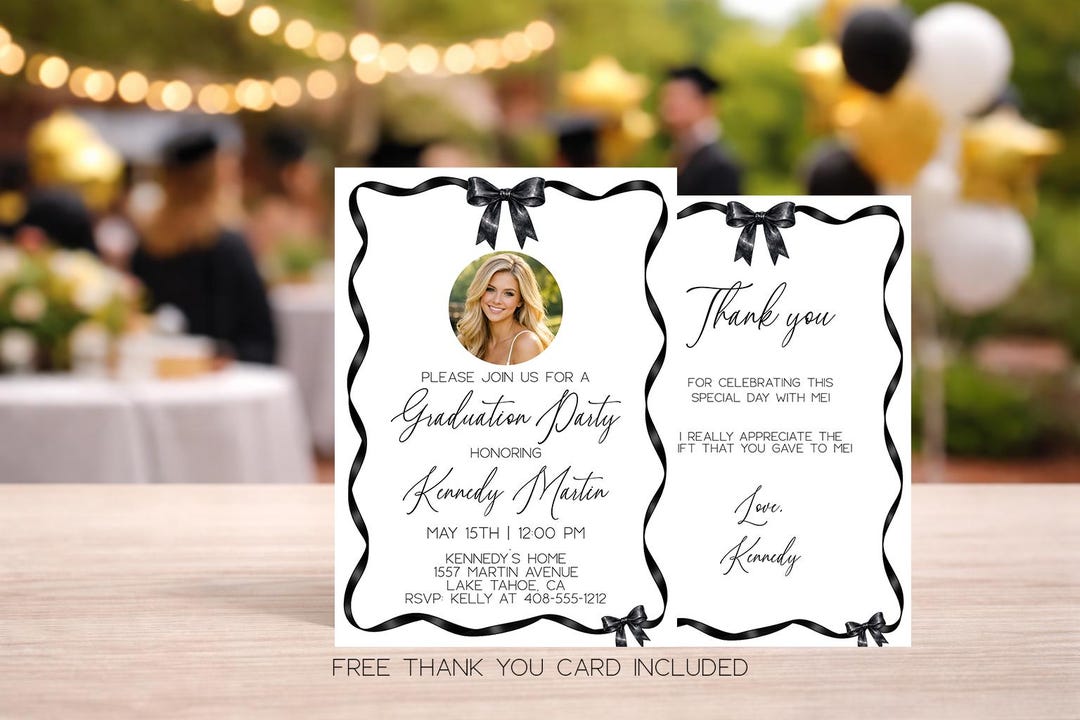 Black Bow Ribbon Graduation Invitation & FREE Thank You Card, Class of ...