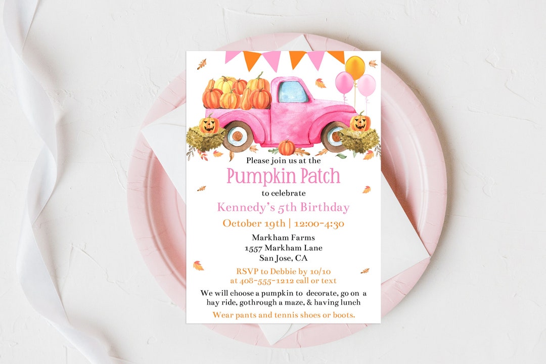 Pumpkin Patch Birthday Invitation Template, Editable Pink Truck Fall ...