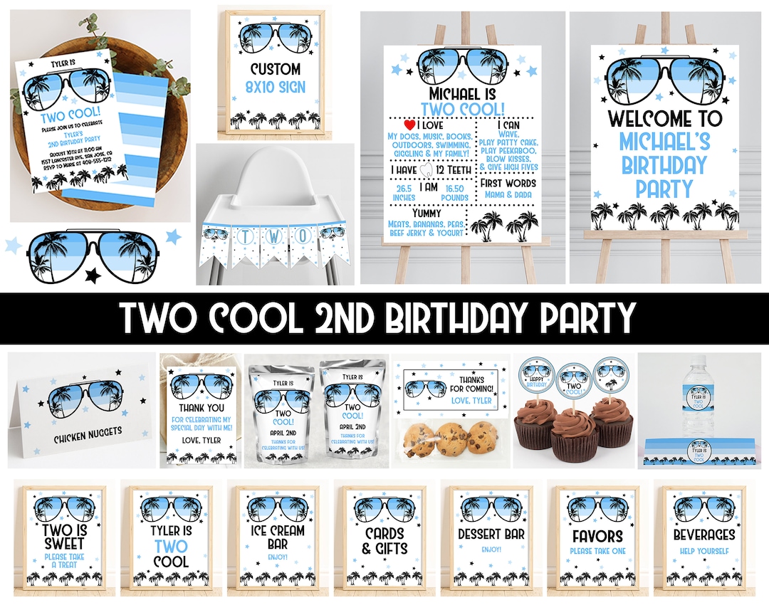 Two Cool 2nd Birthday Party Bundle Templates, Blue and Black Second ...