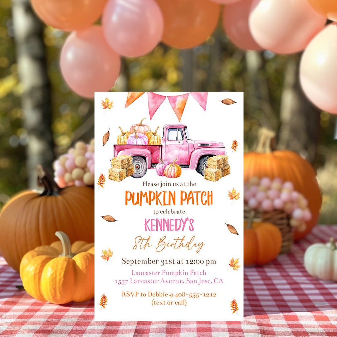 Editable Pumpkin Patch Birthday Invitation Template, Printable Pink ...