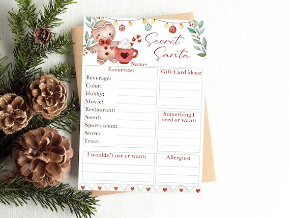 Gingerbread Man Secret Santa Questionnaire Office Party Game Gift ...