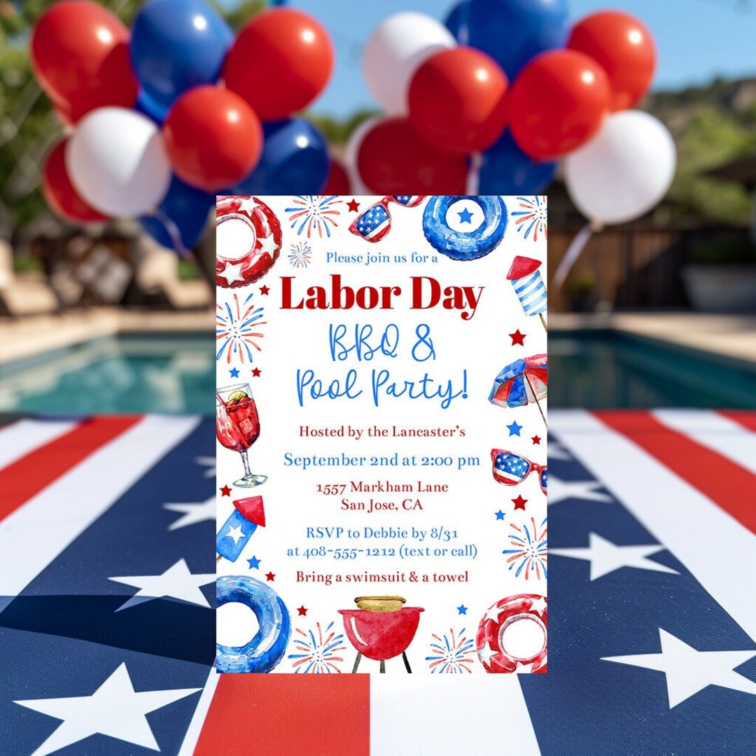 Editable Labor Day BBQ & Pool Party Invitation Template, Printable End ...