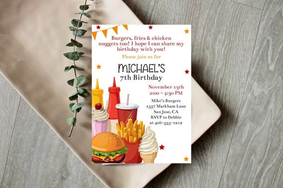 Editable Fast Food Birthday Party Invitation Template, Hamburger and ...
