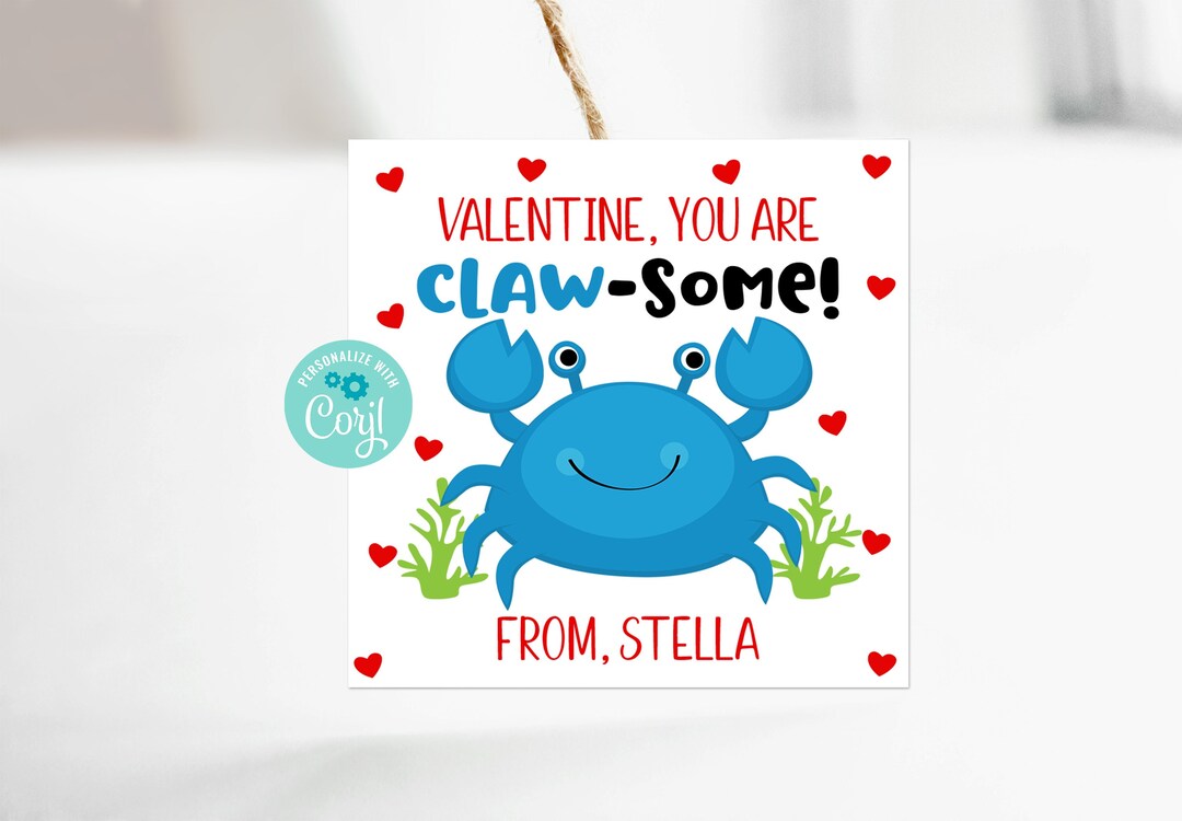 Printable Crab Valentine Tag, You Are Clawsome Kids Valentines for ...