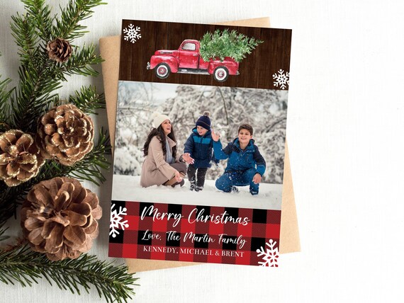 Printable Red Truck Christmas Card Template Rustic Family Photo ...
