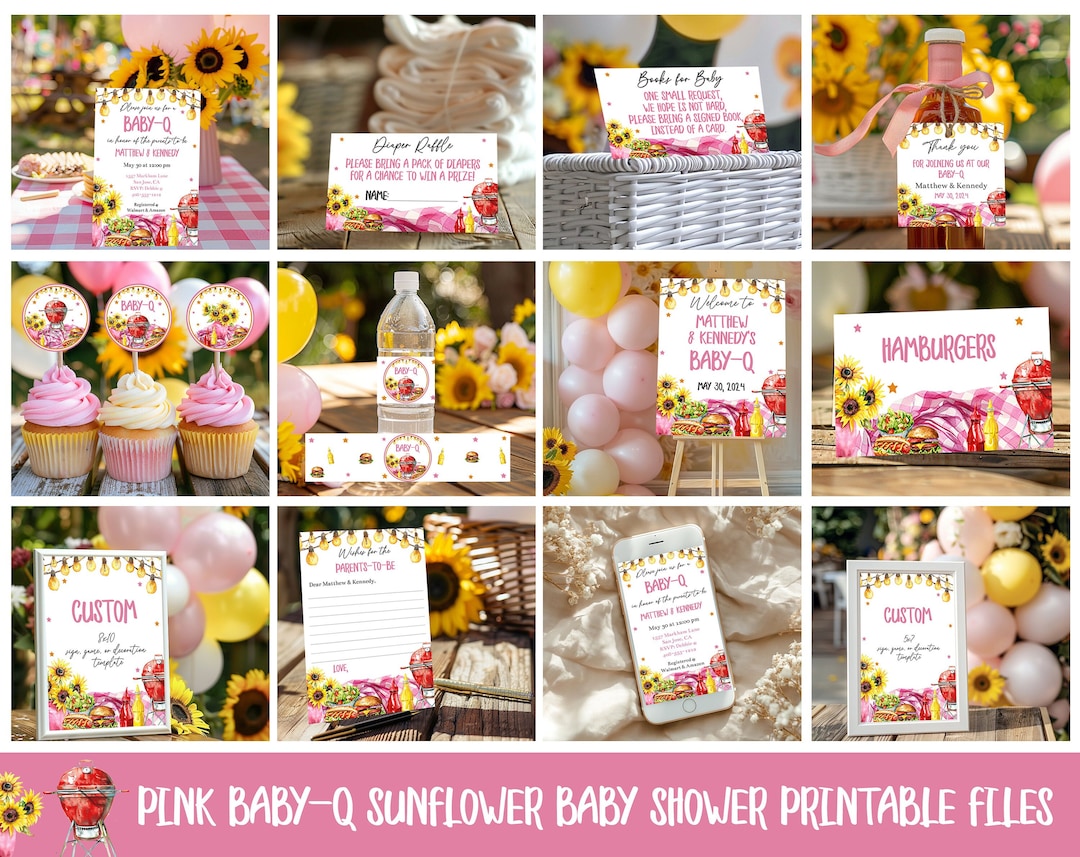 Pink Yellow and White Baby Q Baby Shower Bundle Girl BBQ Baby Shower ...