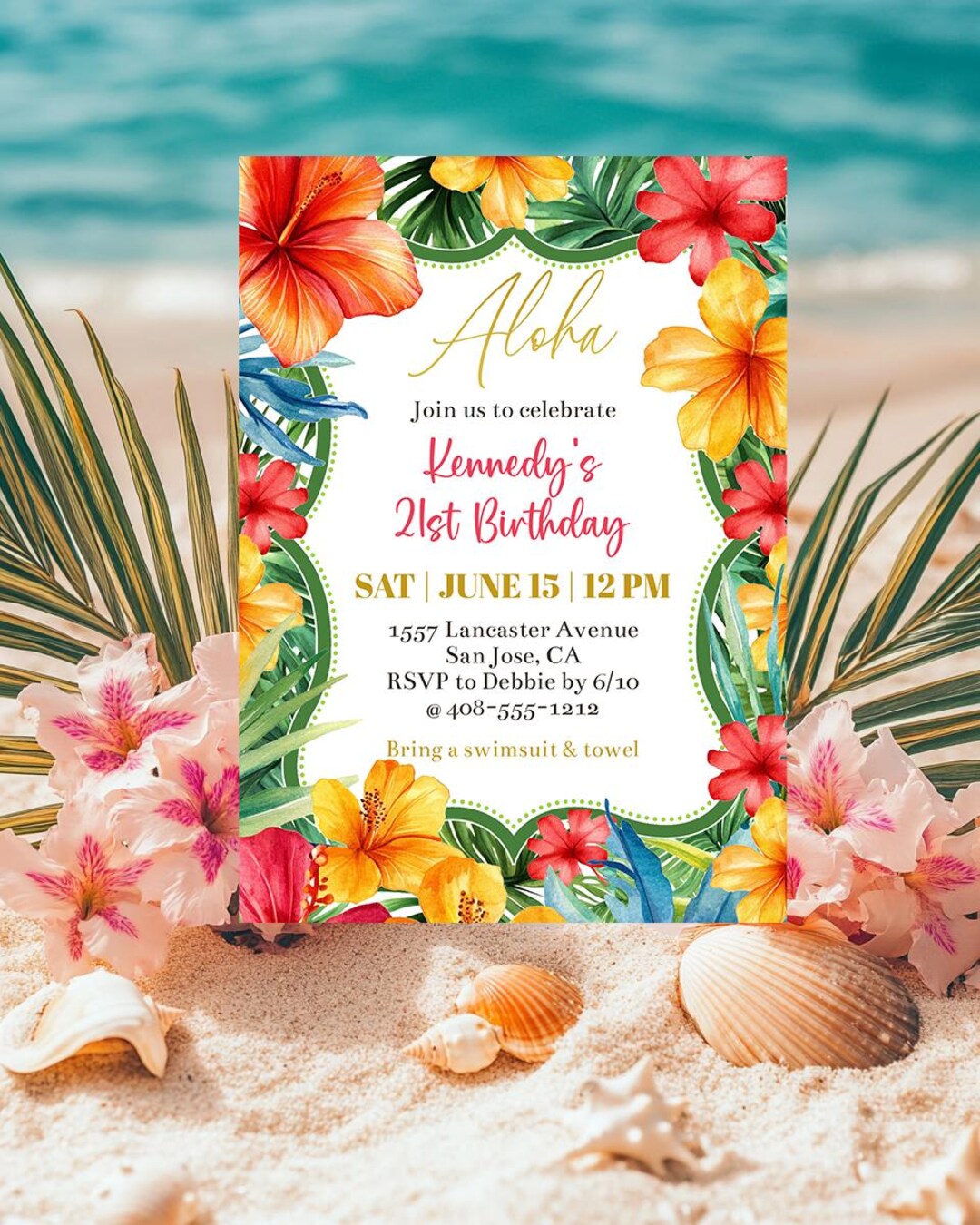 Editable Tropical Hibiscus Palm Leaf Birthday Party Invitation Template ...