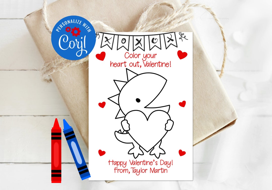 Editable Dinosaur Valentine Coloring Card, Valentine Card for Kids ...