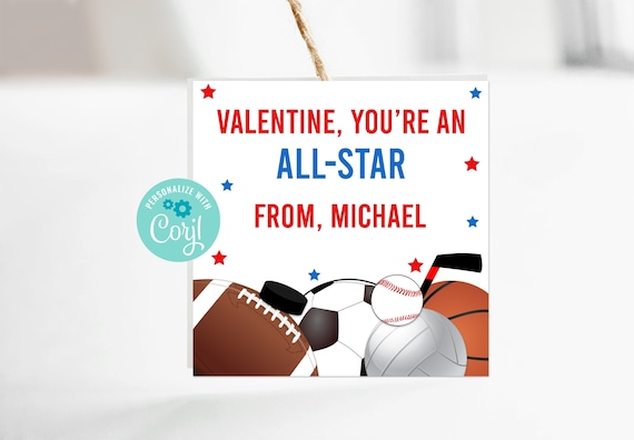 Editable All Star Sports Valentine Tags, For School Valentine's Day ...