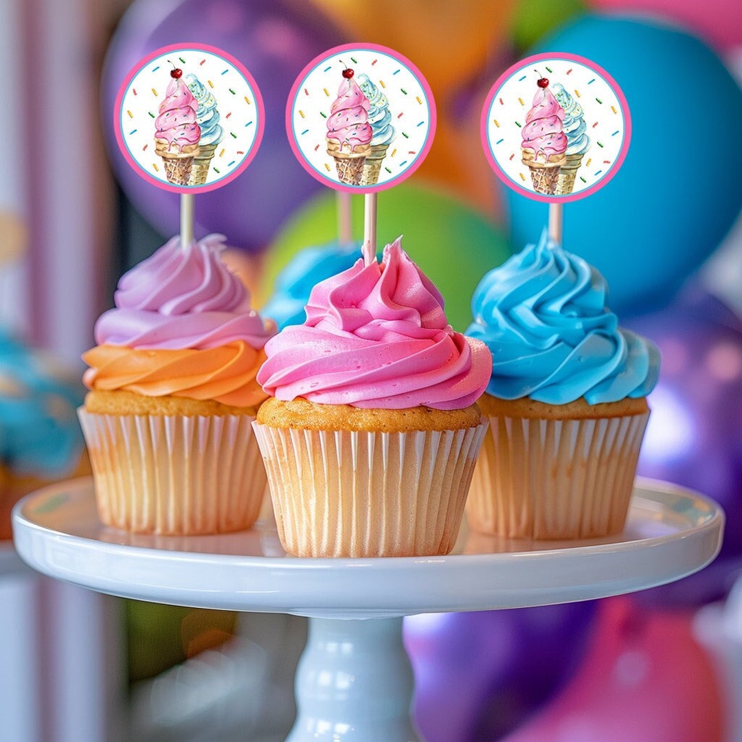 Ice Cream Birthday Party Cupcake Toppers Printable Ice Cream Party Decor Siblings Twins Birthday ...