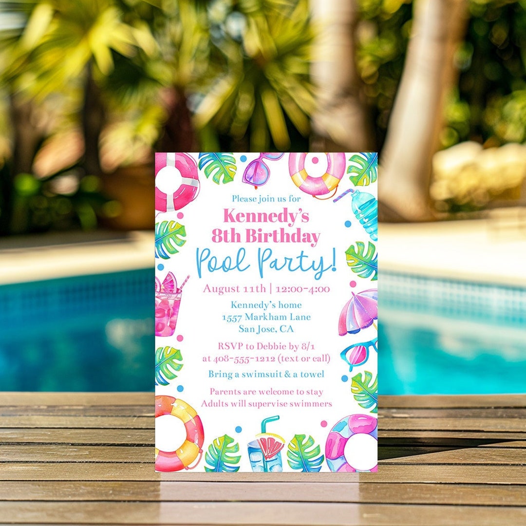 Editable Pool Party Invitation Template Bright Pool Party Invite ...