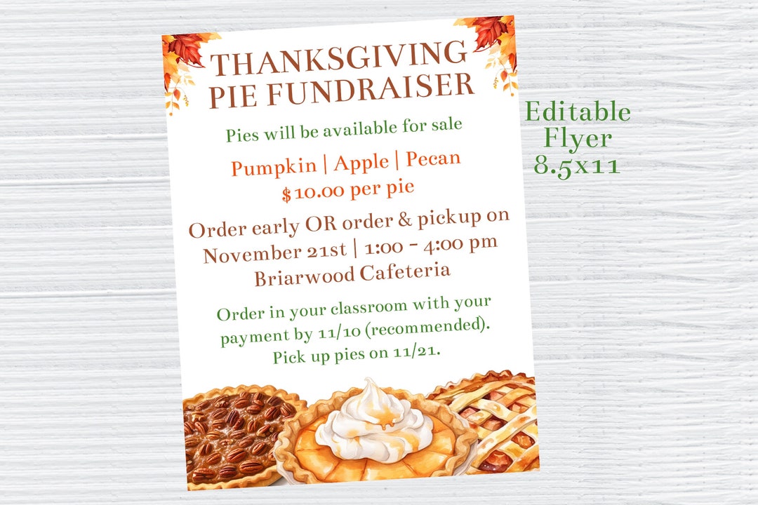 Editable Pie Fundraiser Flyer Template, Printable Thanksgiving Desserts ...
