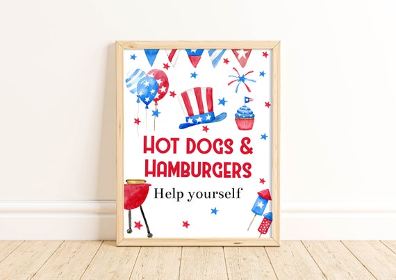 Printable Food Sign, Hot Dogs and Hamburgers, 4th of July Party, July ...