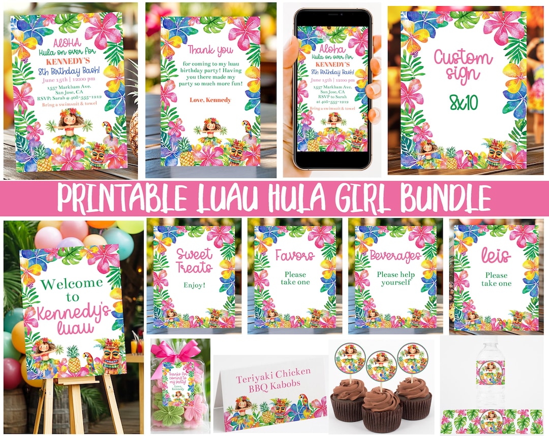 Printable Hawaiian Luau Hula Girl Party Decorations Editable Luau ...