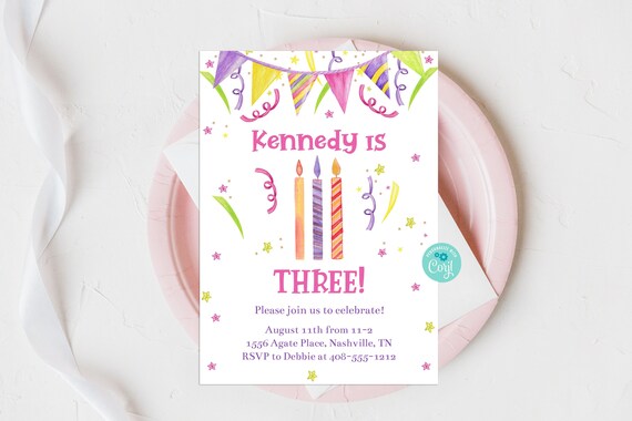 Editable 3rd Birthday Invitation Template Third Birthday Party 3 Year ...