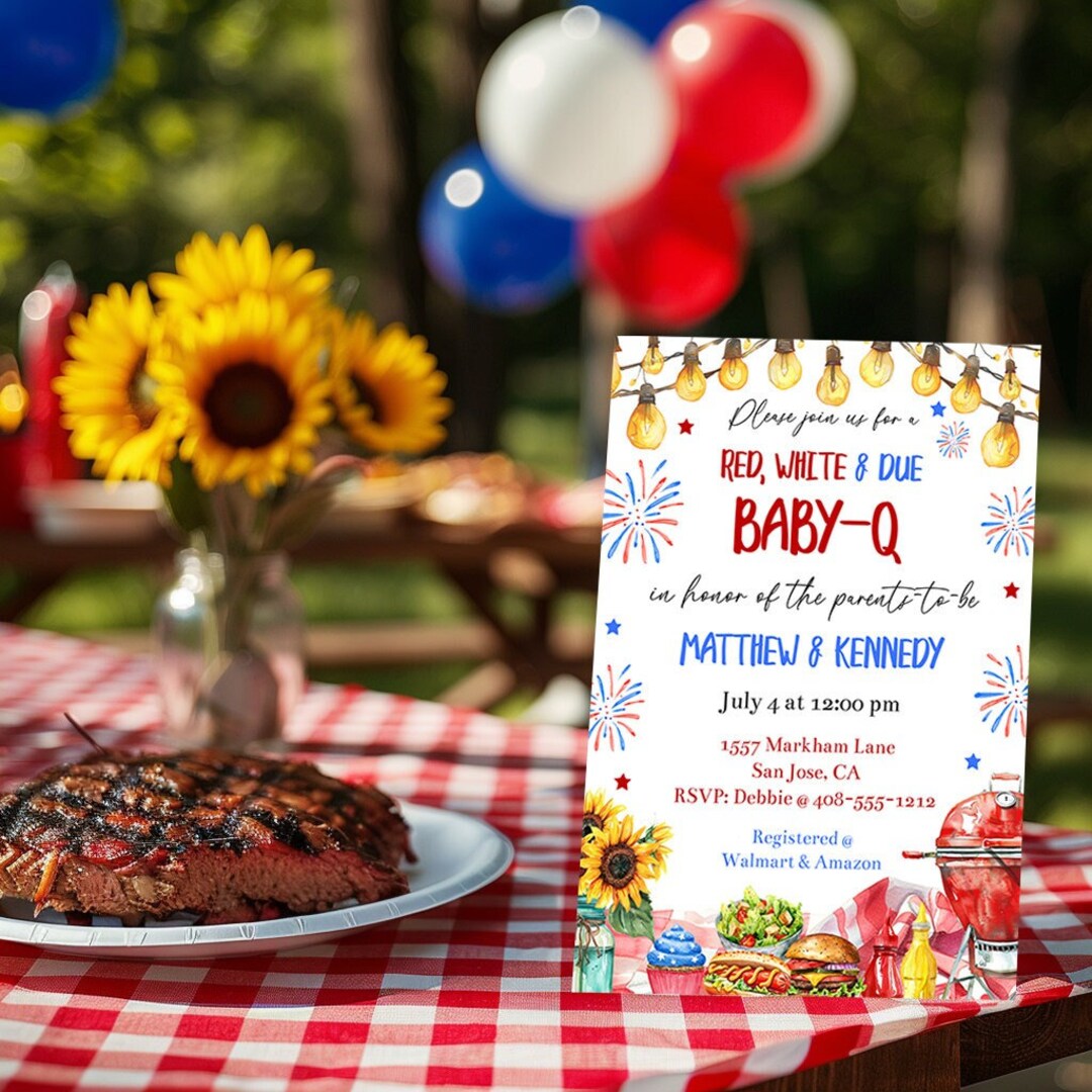 Editable Red White and Due Baby-q Baby Shower Invitation Template 4th ...