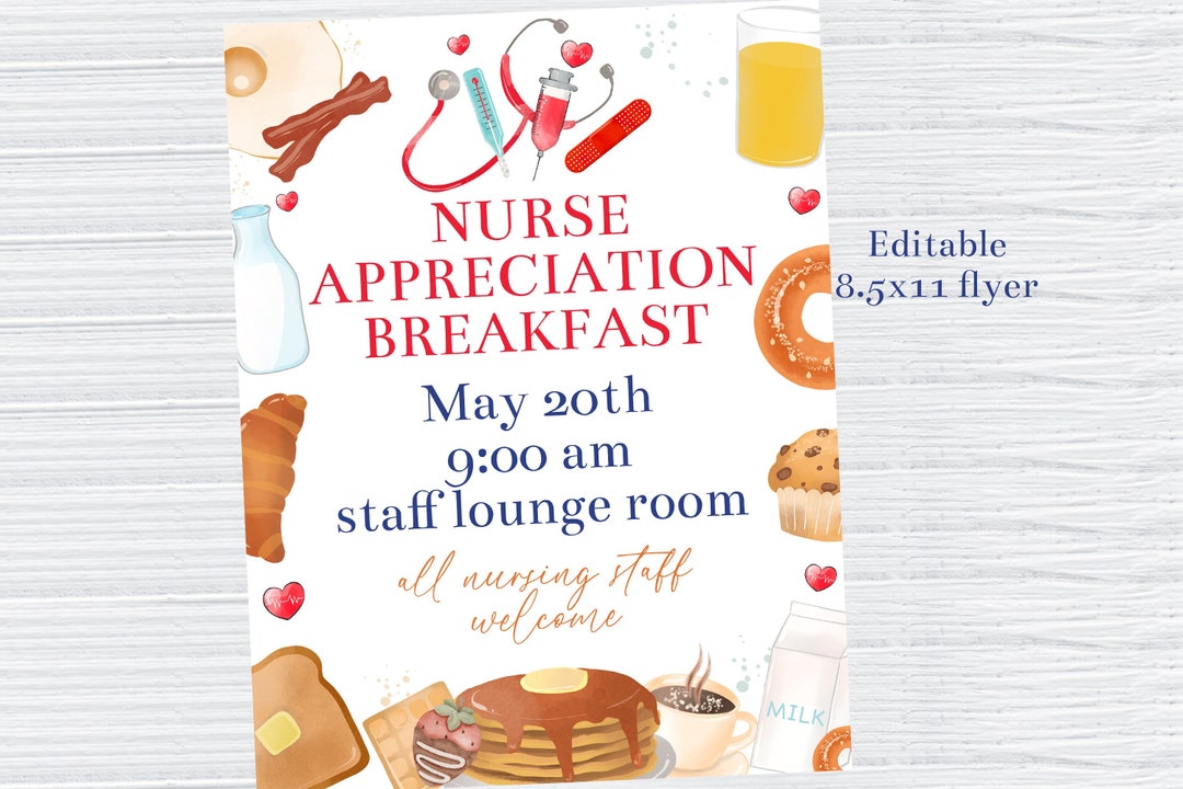 Editable Nurse Appreciation Breakfast Flyer Template, Printable Staff ...