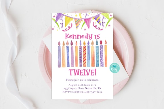 Editable 12th Birthday Invitation Template Twelve Year Old Birthday ...