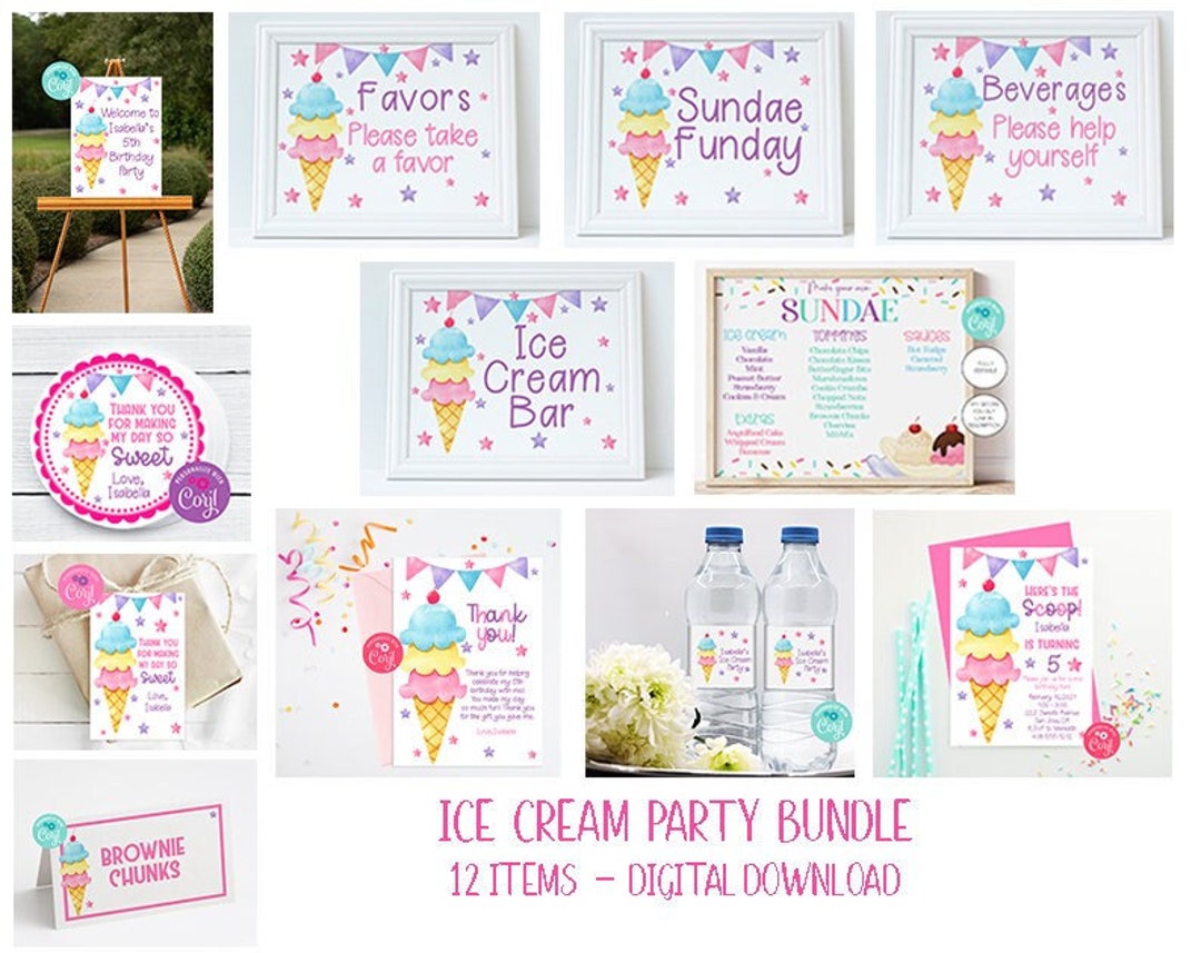 Ice Cream Party Bundle Templates, Summer Birthday Party Decorations ...