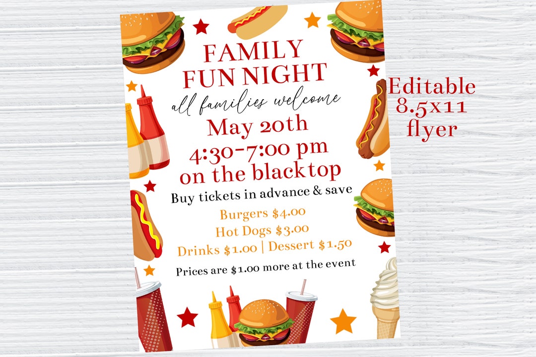 Editable Family Fun Night Flyer Template School Event Dinner Flyer ...