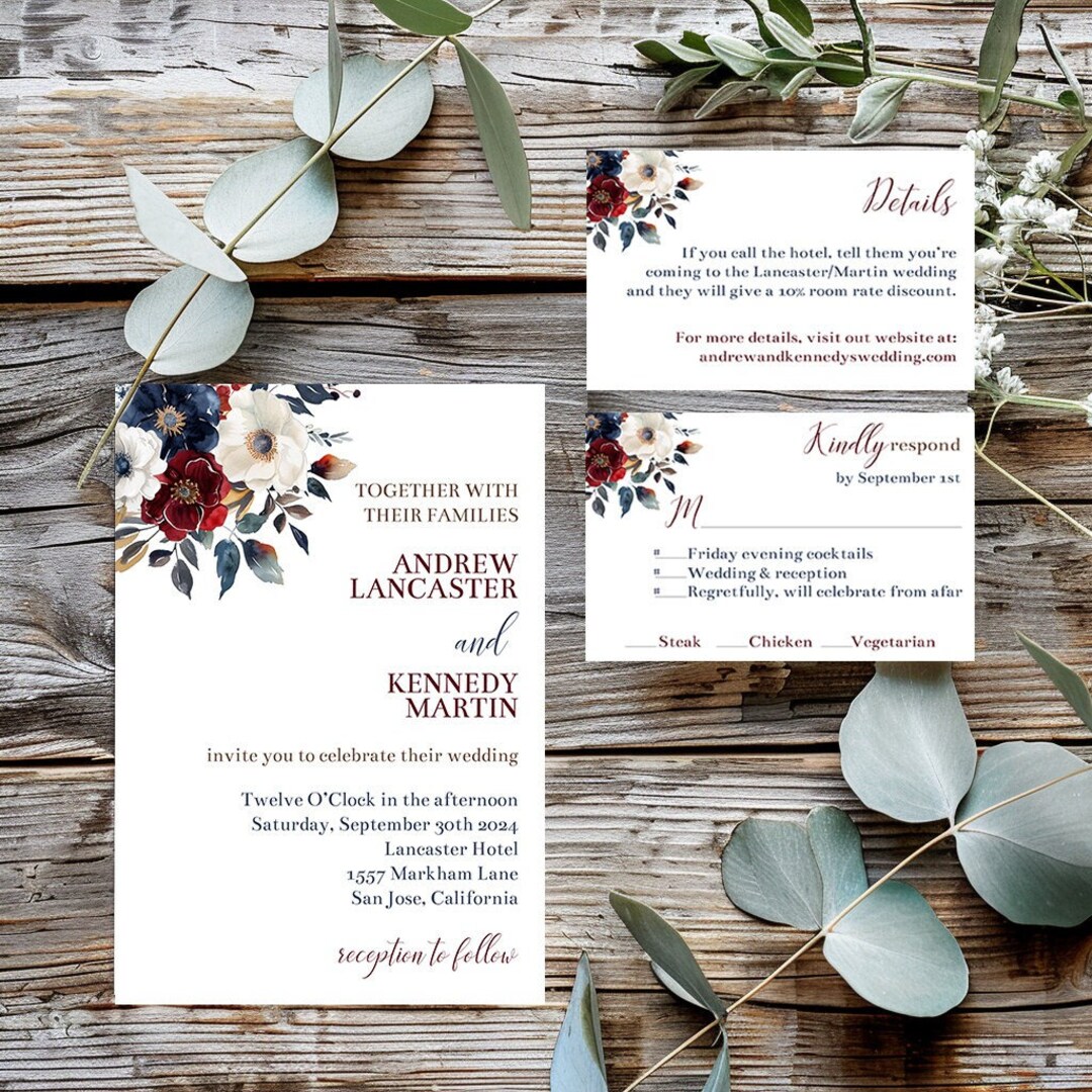Editable Fall Wedding Invitation Template, Burgundy and Navy Floral ...