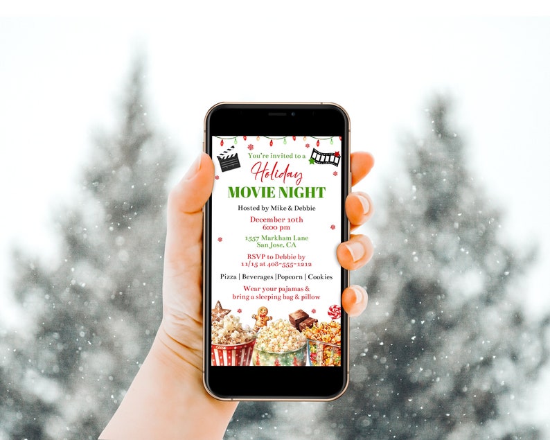 Editable Holiday Movie Night Digital Invitation Christmas Movie Night ...
