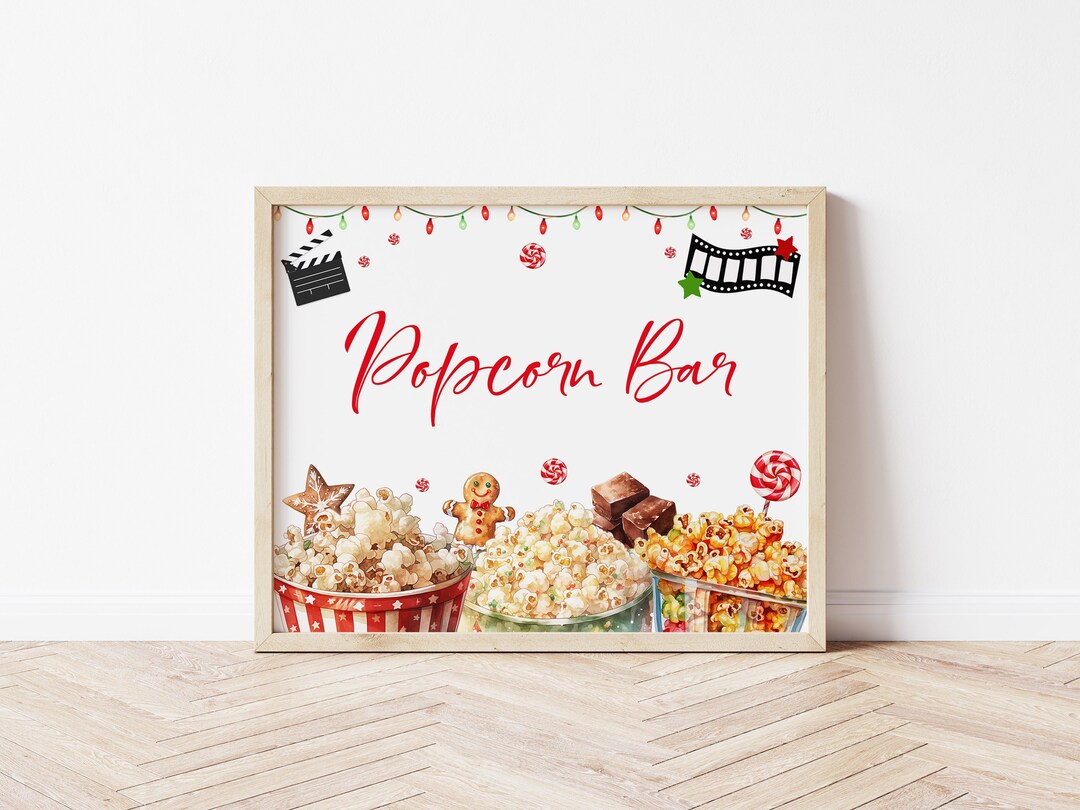 Printable Holiday Movie Night Popcorn Bar Sign Christmas Movie Night ...