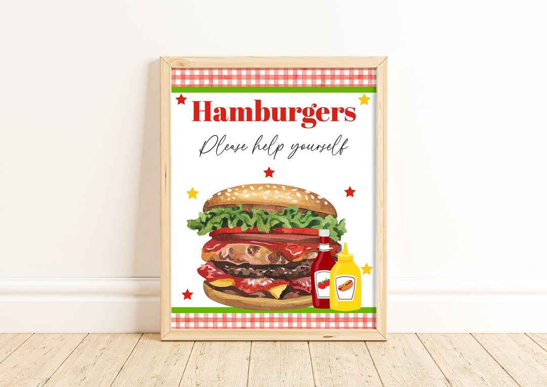 Printable Hamburgers Sign, Summer BBQ Party Decorations, Neighborhood ...
