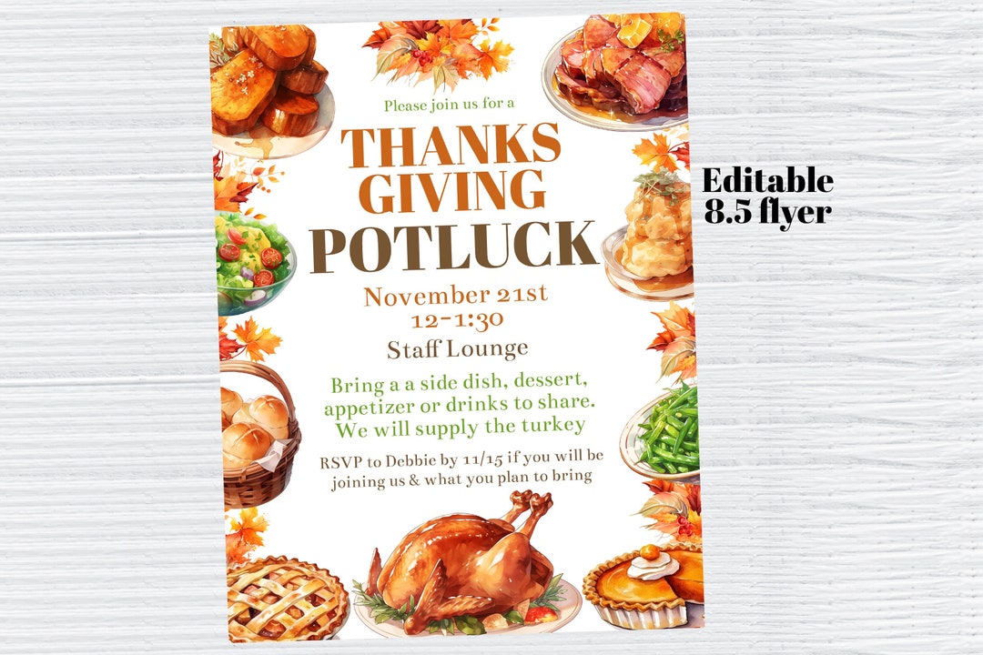 Editable Thanksgiving Potluck Flyer Template, Printable Thanksgiving ...