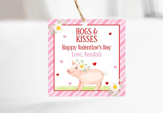 Printable Hogs and Kisses Pig Valentine Tag, Editable Kids Valentines ...