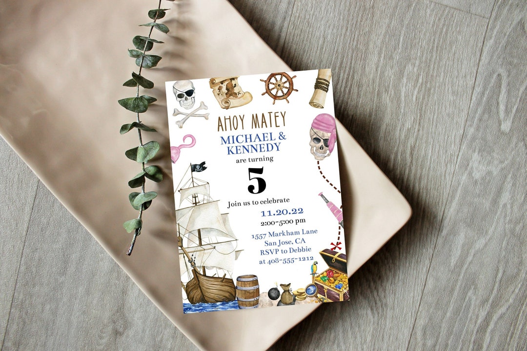 Pirate Boy and Girl Sibling Birthday Invitation Template, Twins Pirate ...