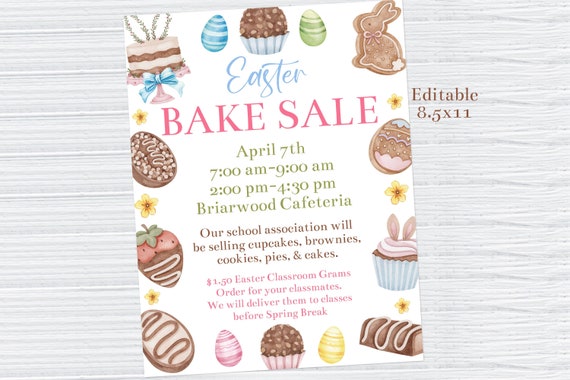 Editable Easter Bake Sale Flyer Template, Printable School Bake Sale ...