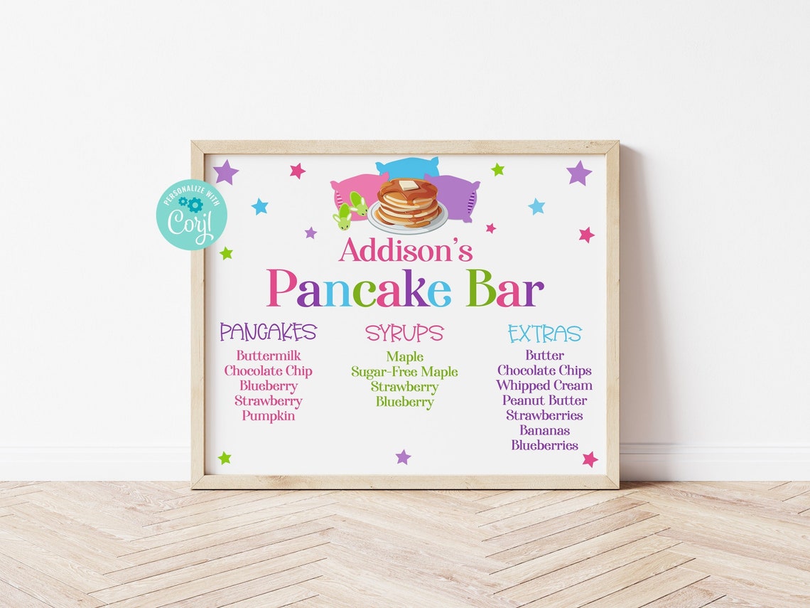 Editable Pancake Bar Sign Template, Pancakes and Pajamas Birthday Party ...