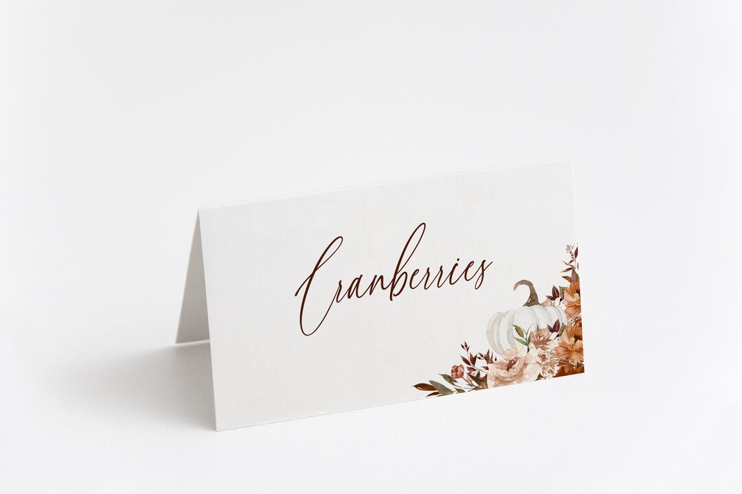 Editable Thanksgiving Dinner Food Card and Place Card Fall Floral White ...